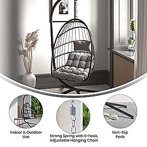 Flash Furniture SDA-AD608001-GY-GG Cleo Patio Hanging Egg Chair, Wicker Hammock with Soft Seat Cushions & Swing Stand, Indoor/Outdoor Cushions, Gray