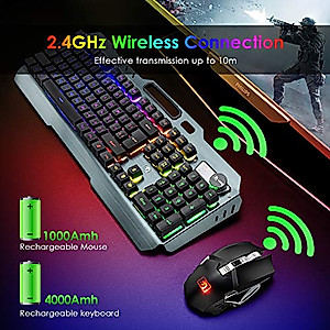 Wireless Gaming Keyboard and Mouse,16 Kinds RGB LED Backlit Rechargeable Keyboard Mouse with 4800mAh Battery Metal Panel,Mechanical Feel and Gaming Mute Mouse for Computer Gamers(Black RGB Backlit)