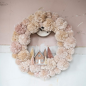 Creative Co-Op Round Pom Pom Wreath with Sisal Bottle Brush Trees and Paper House, Pink