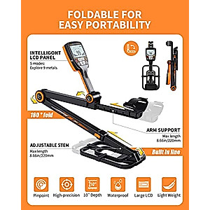 Foldable Metal Detector, Professional Waterproof Gold Silver Detector, Backlit LCD Display, High Accuracy Coil Metal Detectors for Treasure Hunting, Orange