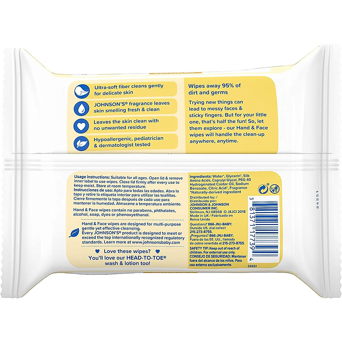 Johnson's Hand & Face Baby Wipes, 25 Count (Pack of 6)