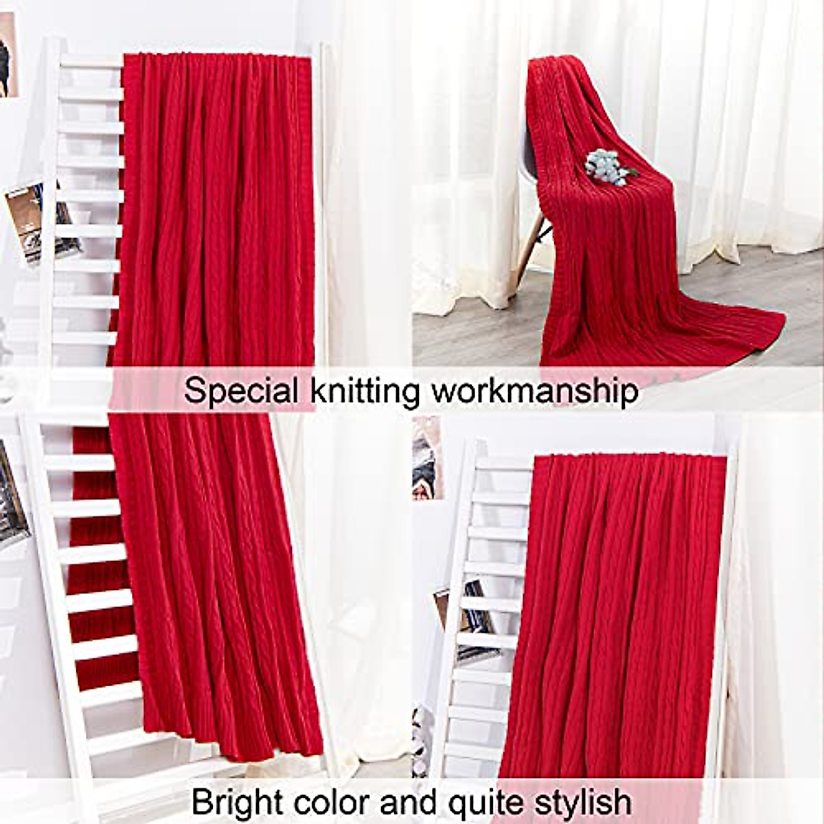 NTBAY 100% Pure Cotton Cable Knit Throw Blanket, Super Soft Warm 51x67 Knitted Throw Blanket for Couch, Sofa, Chair, Bed - Extra Cozy, Machine Washable, Comfortable Home Decor, Red