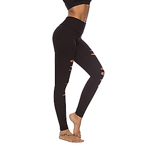 DIBAOLONG Womens High Waist Yoga Pants Cutout Ripped Tummy Control Workout Running Yoga Skinny Leggings Black M