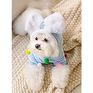 QWINEE Bow Decor Dog Plush Hoodie Polka Dot Cute Cat Puppy Costume Small Medium Dog Warm Coat Kitten Hooded Sweatshirt Blue S