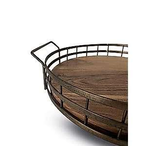 Farmhouse Round Wooden Tray with Antique Gold deep Metal Frame & Acacia Wood Base with Handles. This Round Tray is an Ideal Decorative Tray, Coffee Table, Drinks or Serving Tray by Cube Home