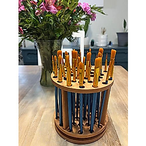BlackLabMill Rotating Paint Brush Holder - Handmade Paint Brush Holder Rotating Art Supply Organizer – Large Capacity Cherry Hardwood Brush Organizer for Desk, Arts and Crafts
