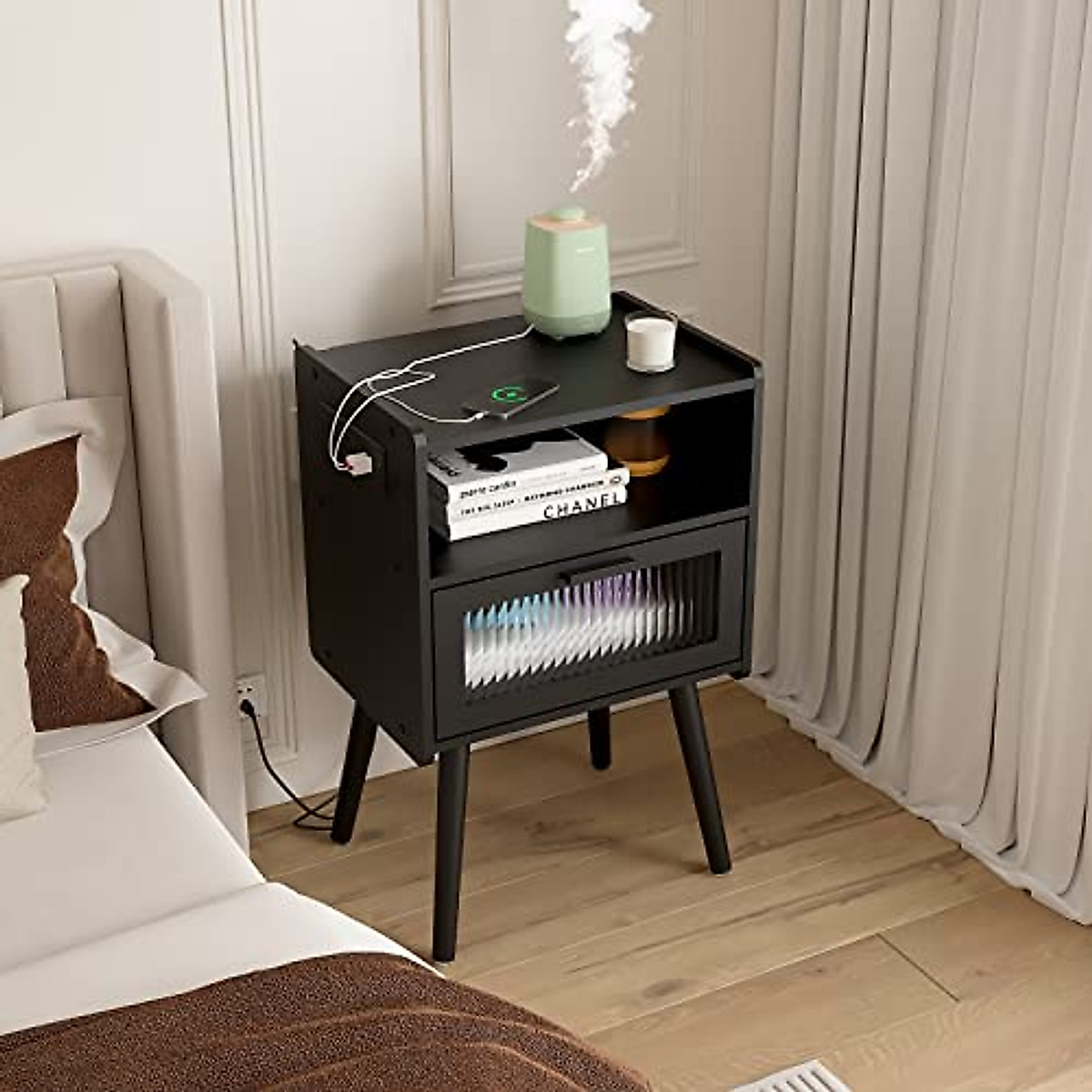 SOOWERY Mid Century Modern Nightstand with Charging Station, Bedside Tables with Glass Drawer, End Table Side Table with 2 Tiers Storage Space, for Bedroom, Living Room, Black