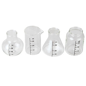 Lily's Home Mini Science Beaker and Flask Shot Glasses, Great Gift for Chemistry and Bio Grads, Nurses and Doctors, Clear 2 to 2 1/8" Tall, Set of 4 Assorted