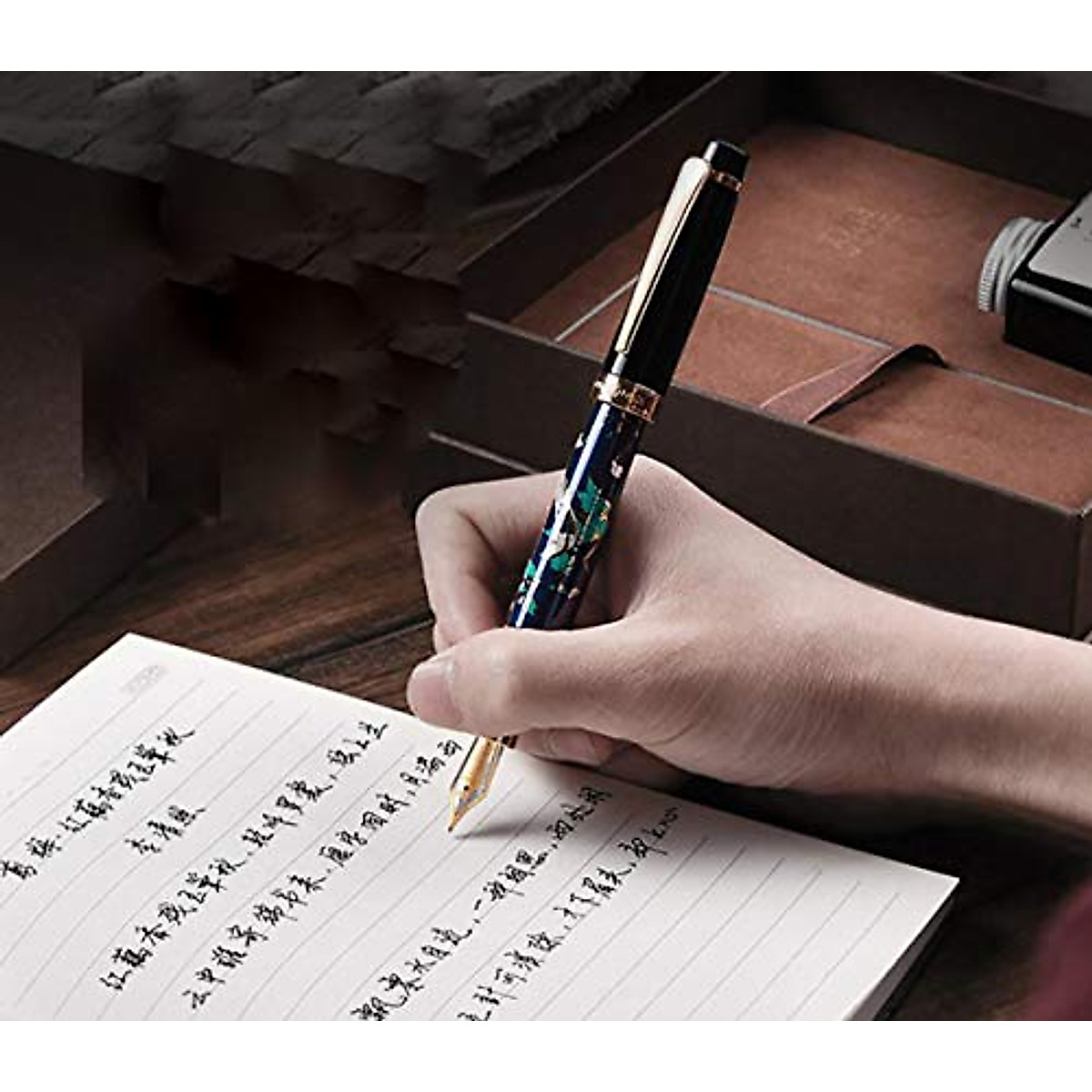 Hongdian Fountain Pen Fine Nib Blue Barrel, Cloisonne Painting (Bird, Butterfly and Flower) with Metal Box