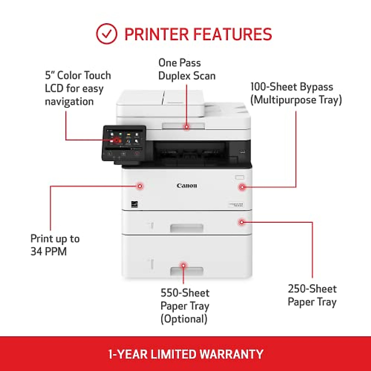 Canon imageCLASS MF451dw All-in-One Wireless Monochrome Laser Printer | Print, Copy, & Scan| 5" inch Color Touch LCD