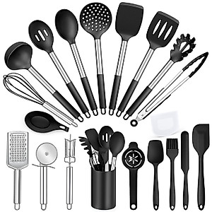 P&P CHEF Kitchen Utensils Set (20Pcs), Black Cooking Utensil Kit Heat-proof Silicone Cookware with Stainless Steel Handles, Non-stick & Non-toxic, Heavy Duty & Dishwasher Safe