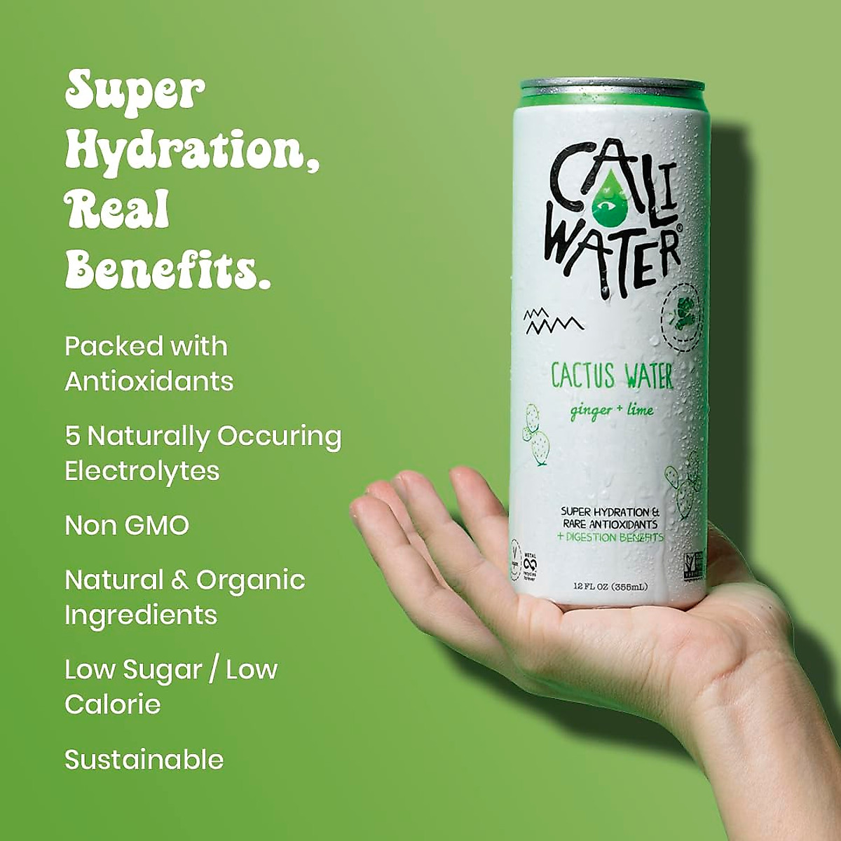 Caliwater - Organic Cactus Water - Ginger and Lime - 5g Sugar, 25 Calories - Coconut Water Alternative - Natural Plant Based Hydration - Skin Care, Electrolyte Drinks - Flavored Water - 12 Cans
