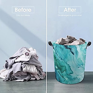 TsyTma Watercolor Turquoise Laundry Basket Green Sea Water Collapsible Laundry Hamper with Handles Small Round Toy Bin for Dirty Clothes Hamper Bedroom Bathroom