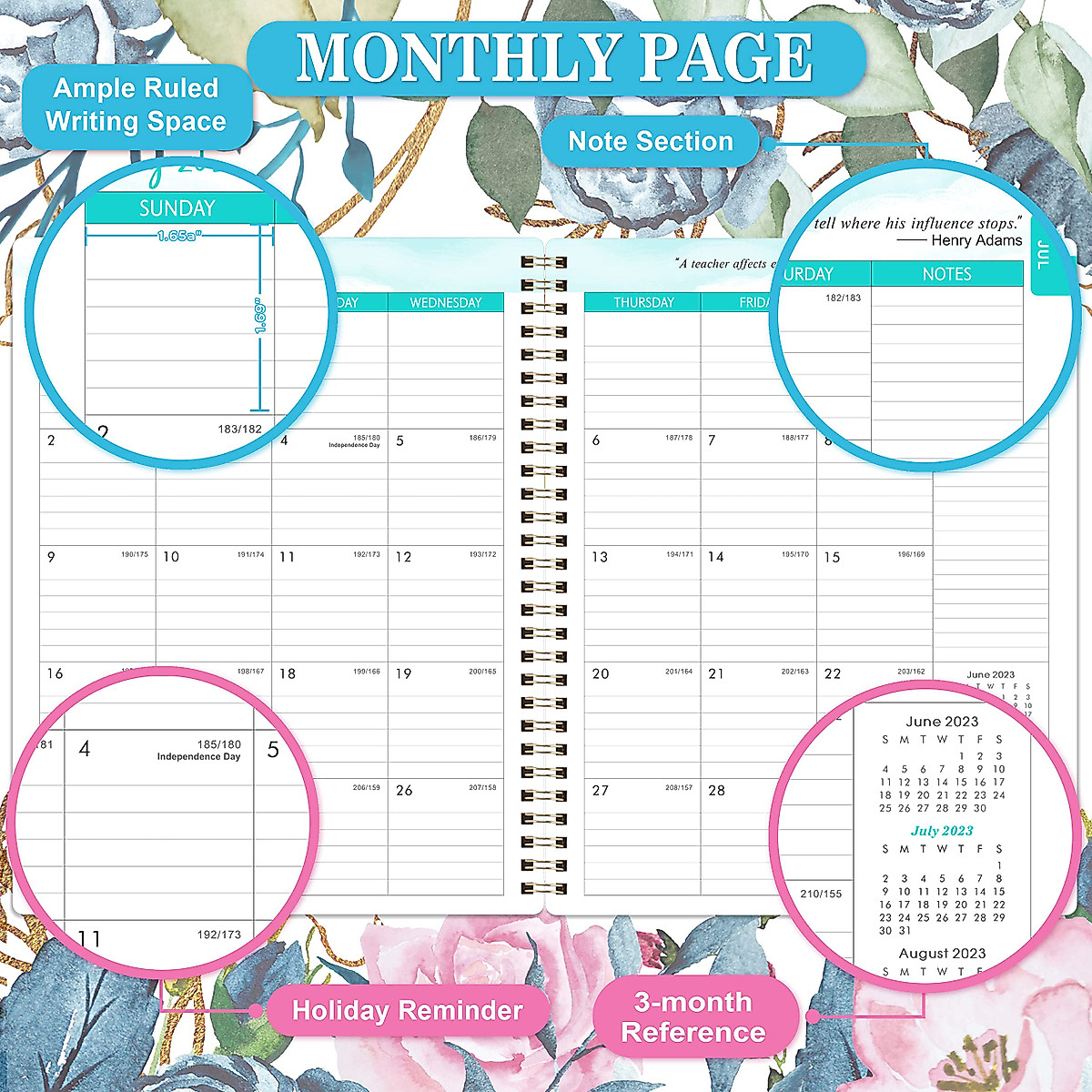 Teacher Planner 2023-2024 - 2023-2024 Weekly & Monthly Lesson Plan Book, July 2023 - June 2024, 8" x 10", Academic Planner 2023-2024 with Twin-Wire Binding for Teachers - Ink-painting Roses