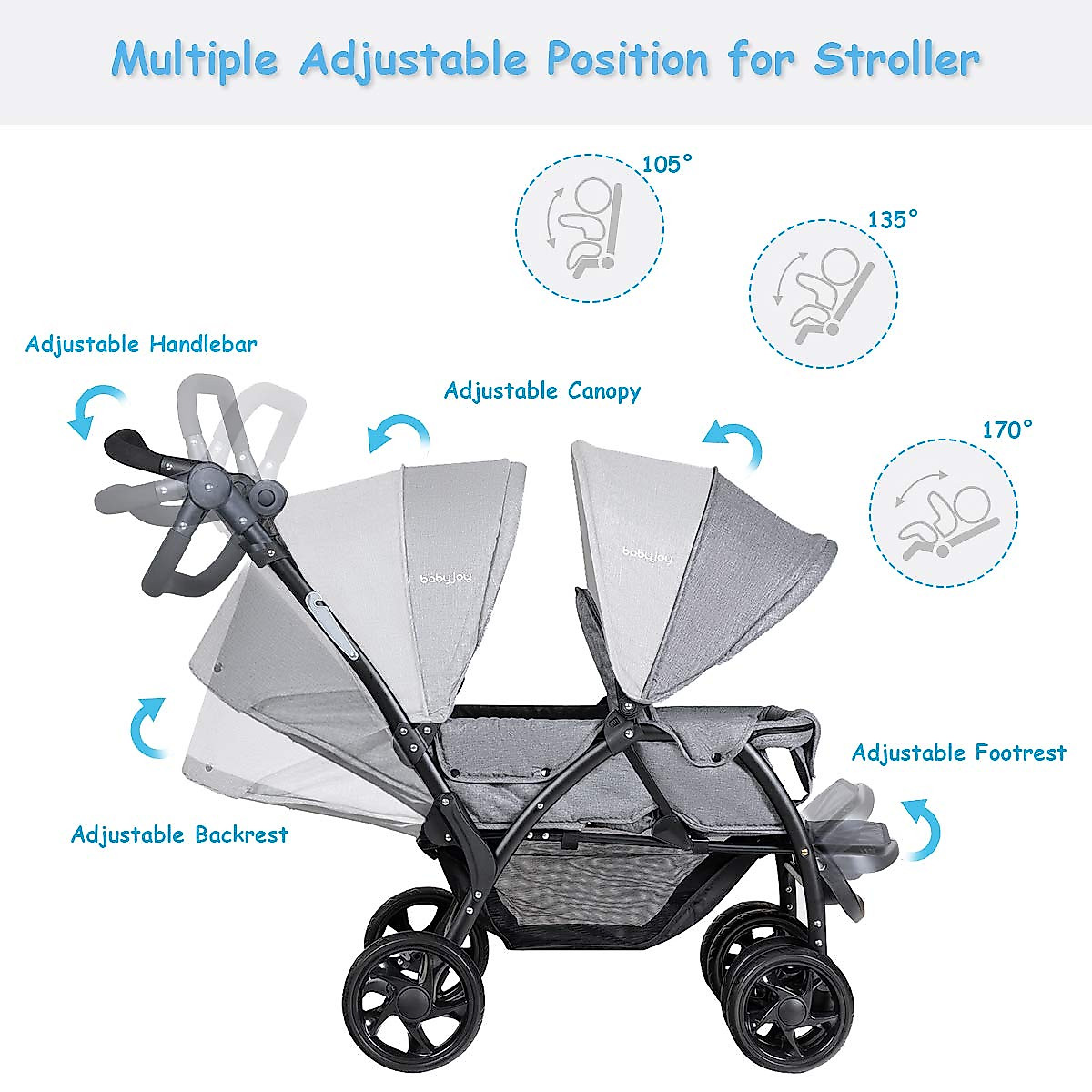 BABY JOY Double Stroller, Foldable Lightweight Twin Stroller with Tandem Seating, Adjustable Backrest/Canopy/Footrest, 5-Point Harness, Storage Basket, Double Stroller Newborn and Toddler (Gray)