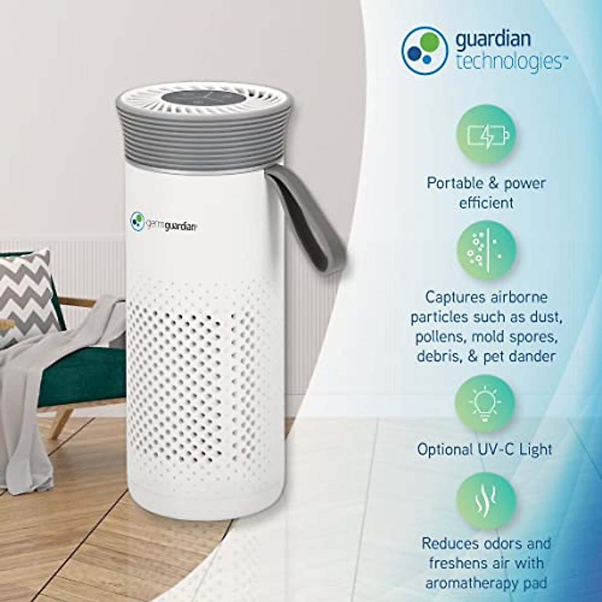 GermGuardian Portable Allergen Air Purifier for Small Spaces with USB Cable, Captures Dust, Pollens, Mold Spores, UV-C Light Helps Reduce Germs, 7” White, AC085