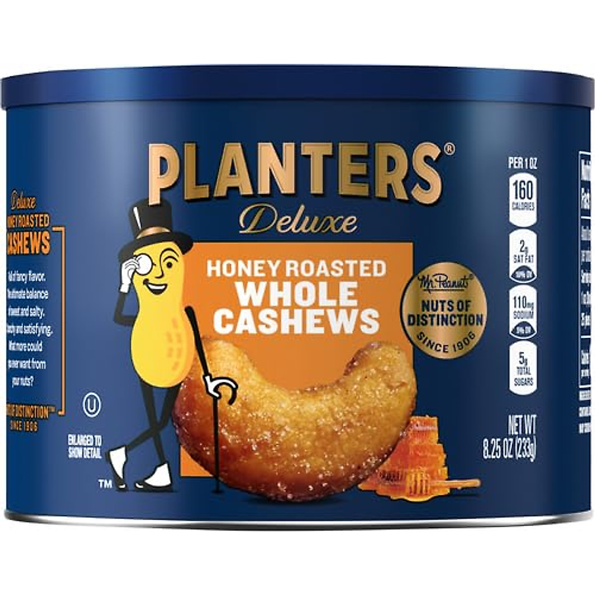 PLANTERS Deluxe Honey Roasted Whole Cashews, Sweet and Salty Snacks, 8.25oz (1 Canister)