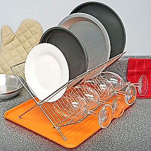 Dish Drying Rack w/ Folding Drainer, Orange - Southern Homewares - Kitchen Utensil Cleaning Set for Plates, Bowls, Cups