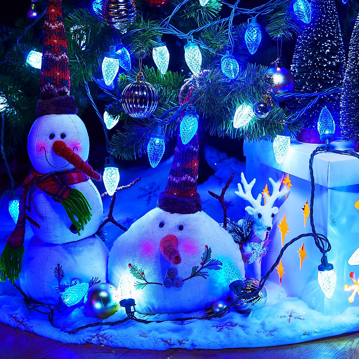 Brightown C9 LED Christmas String Lights, 33ft 50 LED Waterproof Strawberry String Lights, Extendable Green Wire Lights String for Outdoor Indoor Patio Party Decoration, Blue and White