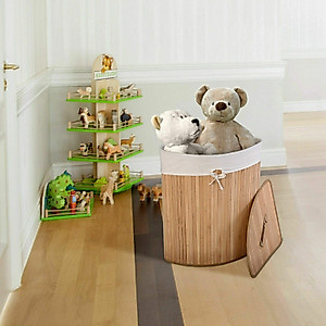 Giantex Corner Laundry Hamper with Lid, Bamboo Laundry Basket with Removable Liner and Handle, Clothes Basket for Cloth Organize, Clothes Storage Bin for Bedroom, Laundry, Living Room (Beige)