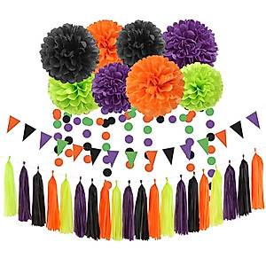 Black-Purple Orange Green Halloween Party-Decorations - 30pcs Tissue Pom Poms Streamers,Tassel Garland Banner,Birthday Wedding Baby Bridal Shower Decor Bunting Supplies Lasting Surprise