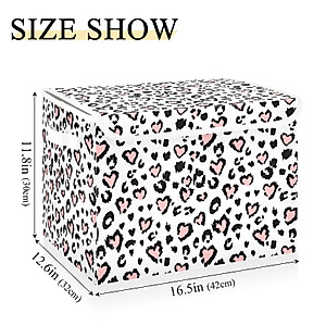 SUABO Leopard Print Pink Heart Storage Bin with Lid Large Oxford Cloth Storage Boxes Foldable Home Cube Baskets Closet Organizers for Nursery Bedroom Office