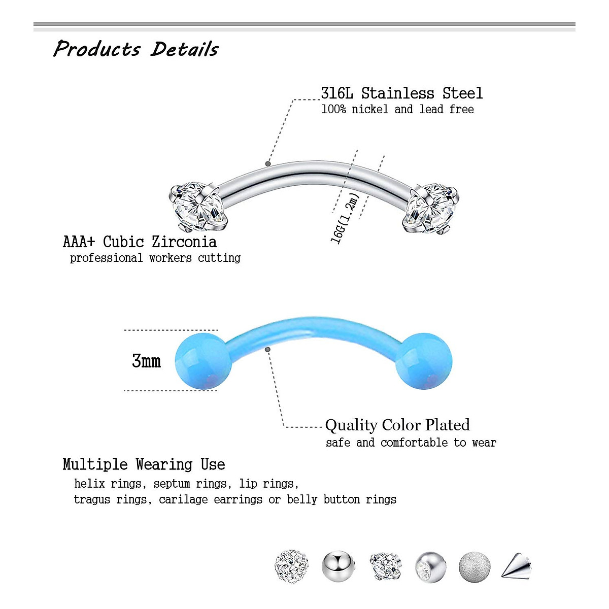 EVELICAL 20Pcs 16G Eyebrow Piercing Rook Curved Barbell Kit Eyebrow Tragus Lip Rings for Women Men 8mm