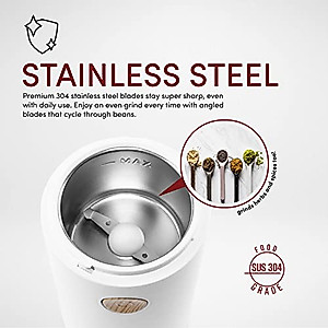 Aroma Housewares Mini Coffee Grinder and Electric Herb Grinder with 304 Stainless Steel Grinding Blades and a See-through Lid (40 g.), White, 40g