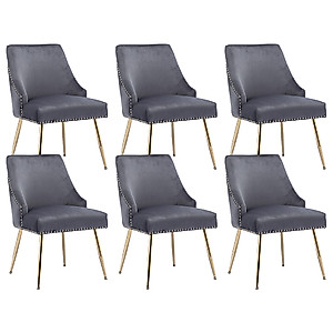 KCC Velvet Dining Room Chairs Set of 6 Nailhead Back Ring Pull Trim with Gold Legs for Kitchen Living room(Grey)