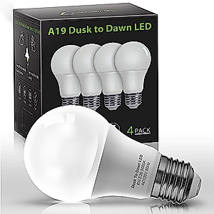 L LOHAS LED Dusk to Dawn LED Light Bulbs, 40W Equivalent LED Outdoor Lighting, Daylight 5000K, Automatic On/Off Outdoor Light, A19 6W Bright Porch Light Bulbs, 500LM E26 for Garage Patio, 4 Pack
