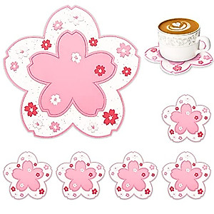 Conisy Flower Coasters for Drinks,6 Pcs Cute Non-Slip Washable Reusable Heat Resistant Silicone Coasters (Sakura,Pink)