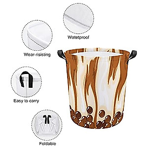 Bubble Tea in Brown Sugar Milk Tea Oxford Cloth Laundry Basket with Handles Storage Basket for Toy Organizer Kids Room Nursery Hamper Bathroom