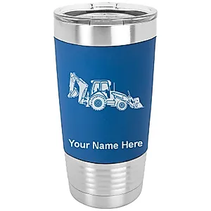 LaserGram 20oz Vacuum Insulated Tumbler Mug, Backhoe Loader, Personalized Engraving Included (Silicone Grip, Dark Blue)
