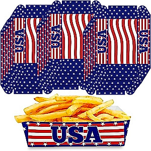 American Flag Paper Food Trays | (50 Pcs) Disposable USA Flag Concession Snack Trays | Patriotic Baskets for Nachos, Chips, Candy | Labor Day Party Decorations | Red, White and Blue Food Tray |BASHOUT