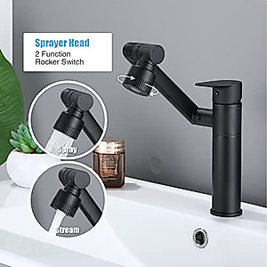 HUAHUALALA 1080 Degree Swivel Faucet for Bathroom Sink,Matte Black Kitchen Faucet with Big Angle Rotate Spray Dual Function,Single Handle Vanity Faucet with Deck Plate,Lavatory Faucet,1 or 3 Hole
