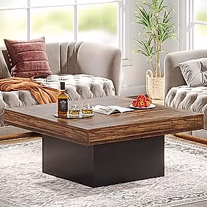 Tribesigns Farmhouse Coffee Table Square LED Coffee Table Engineered Wood Coffee Table for Living Room Rustic Brown & Black Low Coffee Table