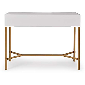 Adore Decor Jupiter Console Table with 2 Drawers, Mid Century Modern Rectangular Small Space Accent Desk for Living Room, Entryway, Home Office, Metal Legs, Easy Assembly, White and Gold