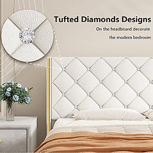 HOMBCK Queen Size Bed Frame with Diamond Headboard, White Upholstered Platform Queen Bed Frame Faux Leather with Gold Wingback, Strong Wood Slat Support, Easy Assembly, White