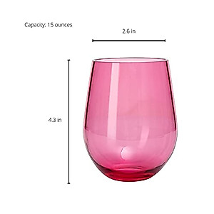 European Style Crystal, Stemless Wine Glasses, Acrylic Glasses Tritan Drinkware, Unbreakable Colored, 6 - Set - Shatterproof BPA-free plastic, Reusable, All Purpose Glassware, 15oz
