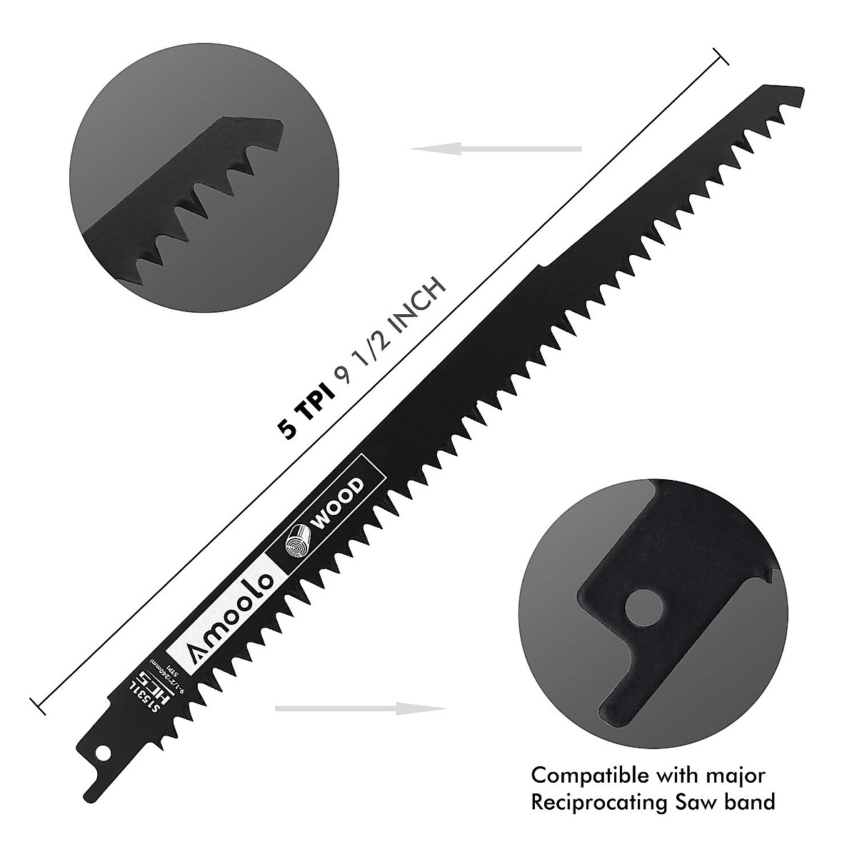 amoolo 9-1/2'' Wood Reciprocating Saw Blades, Cutting Sawzall Pruning Blades (6Pcs/5TPI)