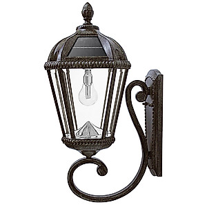 GAMA SONIC Solar Outdoor Wall Light, Royal Bulb Exterior Sconce Lamp, Weathered Bronze Finish Aluminum, Beveled Glass, Warm White LED with Omni-Direction Reflector, 98B310 (Upgraded Panel and Battery)
