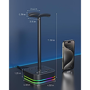 TROND Headphone Stand with USB C, Desk Gaming Headset Holder with 3 AC Outlets, 2 USB A and 1 USB C, Headset Stand with 5 RGB Light Modes, for Gaming Desk Accessories Gamer Boyfriend Gifts