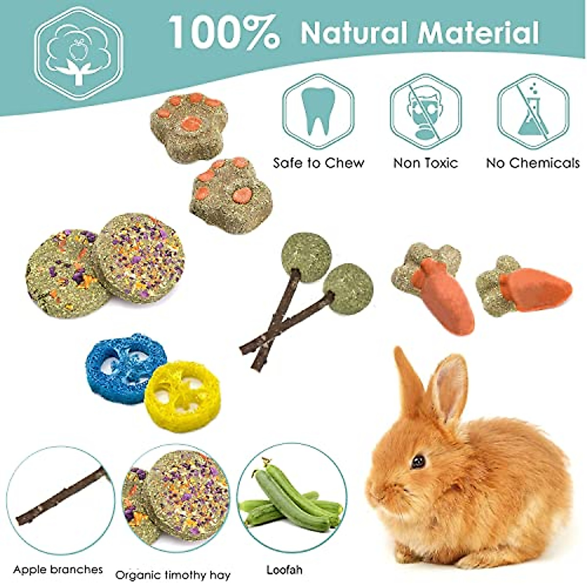 Kunze Land Rabbit Toys, 12 Pcs Timothy Hay Balls Rabbit Chew Toys, Guinea Pig Toys for Grinding Teeth Promote Gastrointestinal Health, Natural Wood Apple Sticks Hamster Hideout