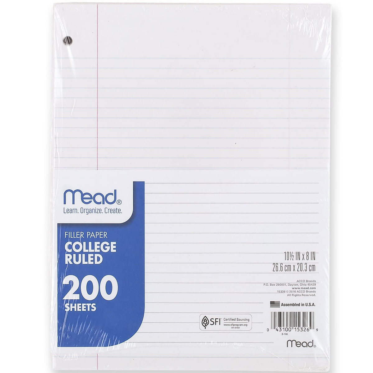 Mead Loose Leaf Paper, 3 Hole Punch Reinforced Filler Paper, College Ruled Paper, 10-1/2" x 8", 200 Sheets (15326) White