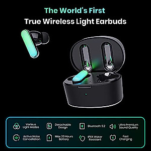HHOGene GPods Premium Set,Wireless Earbuds with Light Control and 4 Earbuds Shells,Noise Cancelling Bluetooth Earphones with Immersive Sound,Fast Charging Case,Touch Control,Built-in Microphone,Black