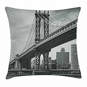 Ambesonne New York Throw Pillow Cushion Cover, Bridge of NYC Vintage East River Image USA Travel Top Place City Photo Art Print, Decorative Square Accent Pillow Case, 18" X 18", Grey