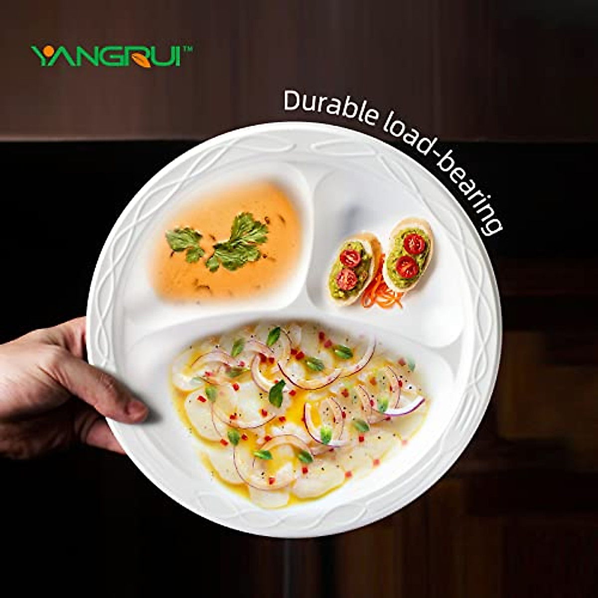YANGRUI White Plastic Plates, 9 Inch 3 Compartments 150 Pack Food Grade Meterial BPA Free Reusable Dinner Plates