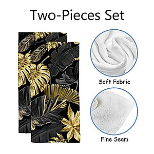 Hand Towels Set for Bathroom,Absorbent Dish Towels for Gym Spa,30"x15"，Gold Black Tropical Leaf(2 PCS)
