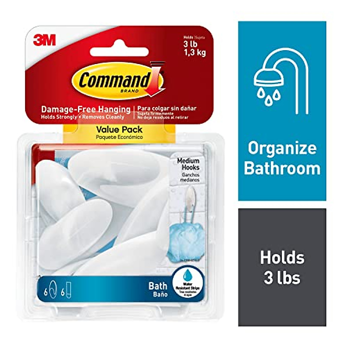 Command BATH18-6ES Organize Damage-Free Bath Towel Hook Value Pack, Medium, Frosted