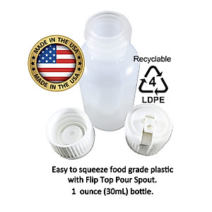 510 Central Boston Round LDPE Plastic Bottle Flip Top Pour Spout Cap 30mL (1oz, 4 Pack) Made in USA